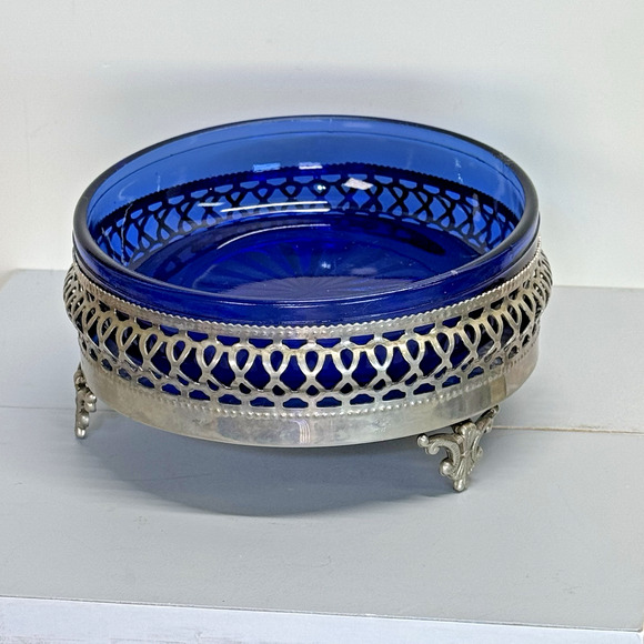 Unknown | Dining | Vintage Cobalt Blue Candy Nut Dish W Chrome Metal ...